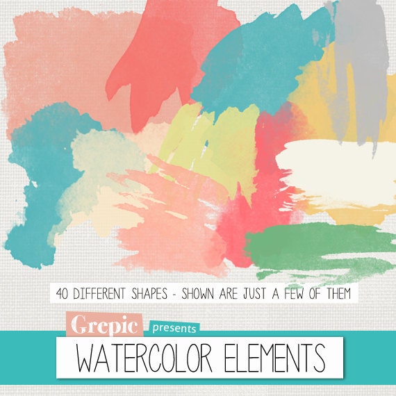Watercolor clipart pack: “WATERCOLOR ELEMENTS” digital clip art, 40 ...